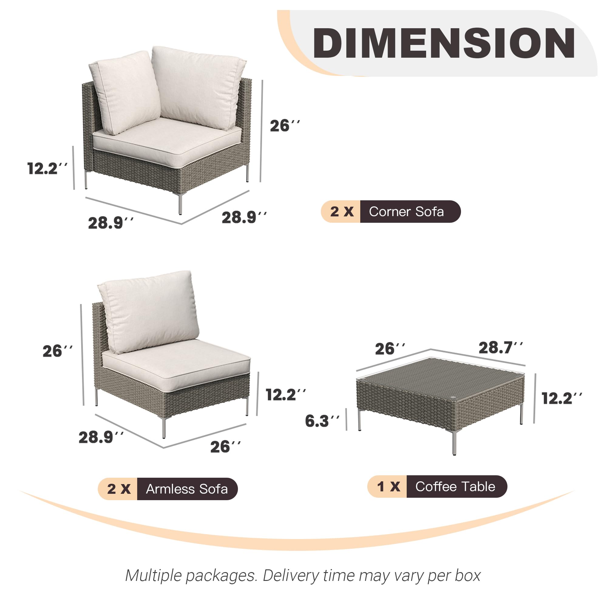 VICLLAX 5 Pieces Wicker Patio Furniture Set, Outdoor Conversation Set Sectional Sofa with Cushion & Glass-Top Coffee Table for Garden, Poolside, Backyard, Grey PE Rattan