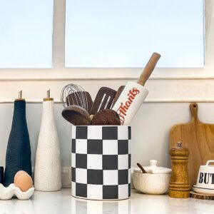 Swkien Utensil Holder，7.2 Inch Checkered Utensil Holder, Ceramic Cooking Utensil Spoon/Spatula Holder for Countertop, Kitchen Decor and Accessories for counte(Black)