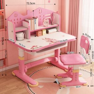 Kids Desk and Chair Set, Height Adjustable Kids Study Desk with Cartoon Pattern, Widened Tabletop, Tilting Book Stand Drawer, Golden Distance Design to Prevent Myopia, for Boys and Girls (1, Pink-B)