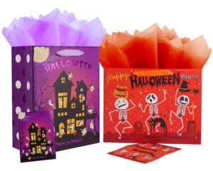 jaywayang 2pcs 12.6" large happy halloween paper gift bags with card and tissue paper for kids halloween presents warpping, holiday, trick or treat party.