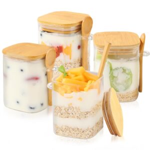 4 pack overnight oats containers with lids, 17 oz wide mouth glass mason jars for overnight oats, airtight jars oatmeal cups for chia pudding yogurt salad cereal, glass meal prep containers with lids