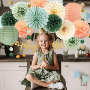 Sage Green and Peach Birthday Decorations Olive Sage Green Peach Tissue Paper Pom Poms Paper Lanterns Gold Happy Birthday Banner for Olive Sage Green and Peach Birthday Baby Shower Decorations