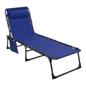 yardenaler outdoor foldable chaise lounge chair with detachable pillow & pocket, portable tanning chair with 4 position adjustable back, patio, beach and pool, blue