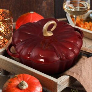 Flavehc Pumpkin Dutch Oven Pot with Lid 1.8 qt Pumpkin Cast Iron Dutch Oven for Bread Baking Red Enameled Cast Iron Dutch Oven with Handels