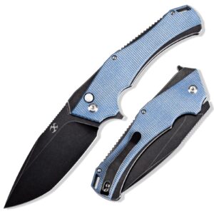 kansept hellx pocket folding knives button lock for men edc pocket knife 3.6'' black stonewashed d2 blade excellent folding knife with blue micarta handle edc knife t1008f3