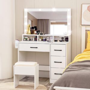 ccf makeup vanity desk with mirror and lights, vanity mirror with lights desk and chair, big vanity mirror desk with 4 drawers and 10 lights, 3 lighting modes adjustable brightness dresser, white