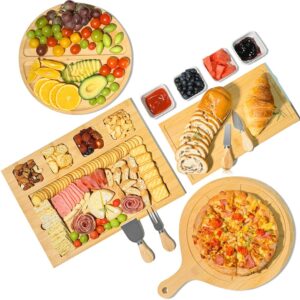 Hongsane Charcuterie Boards Gift Set,Extra Large Charcuterie Board for Party,Bamboo Cheese Board W/Pizza Board 4 Bowls 4 Knives,Mothers Birthday Gifts for Mom,House Warming Gifts New Home for Women