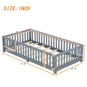 DNYN Twin Size Floor Bed for Kids Bedroom,Solid Wood Bedframe w/Door/Safety Guardrails/Wood Slat Support/Easy Assemble/Space Saving Design/No Box Spring Needed, Gray