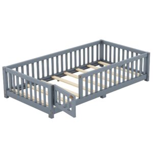 DNYN Twin Size Floor Bed for Kids Bedroom,Solid Wood Bedframe w/Door/Safety Guardrails/Wood Slat Support/Easy Assemble/Space Saving Design/No Box Spring Needed, Gray