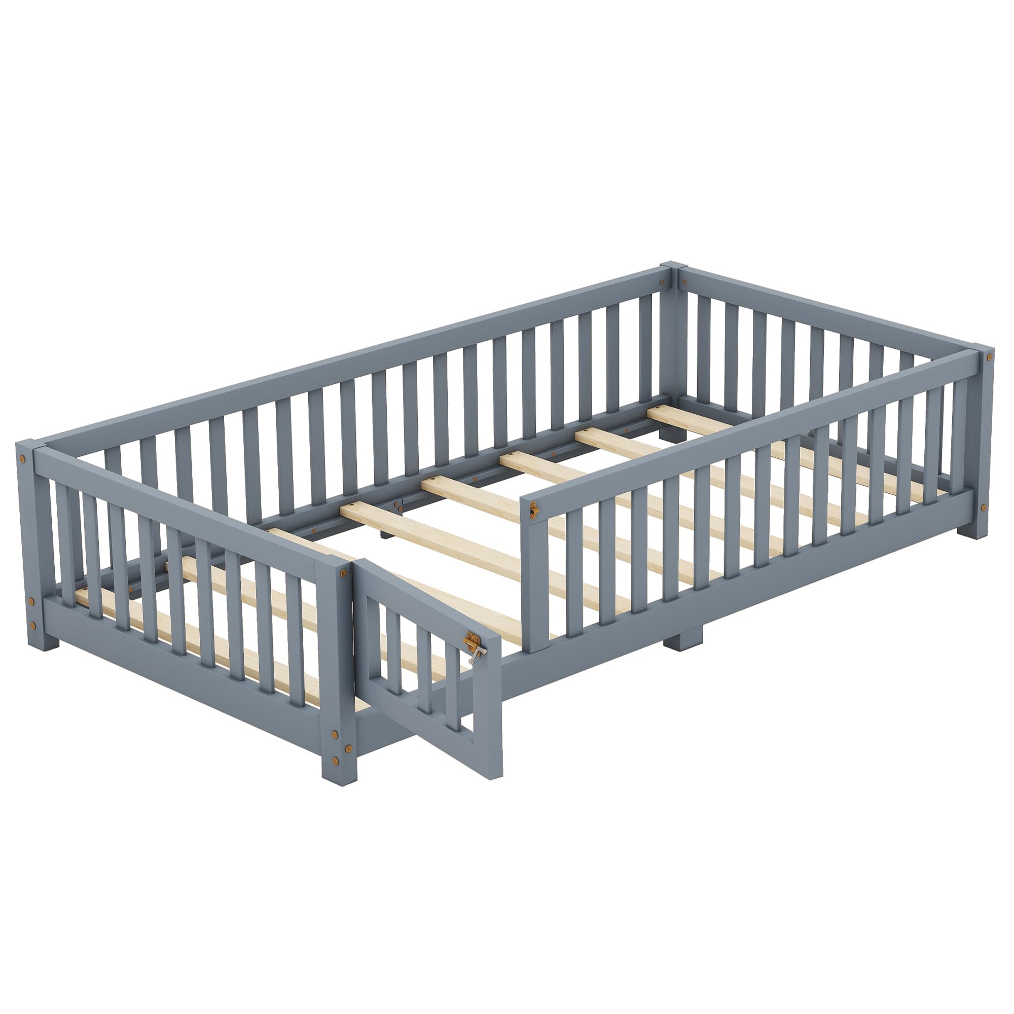 DNYN Twin Size Floor Bed for Kids Bedroom,Solid Wood Bedframe w/Door/Safety Guardrails/Wood Slat Support/Easy Assemble/Space Saving Design/No Box Spring Needed, Gray