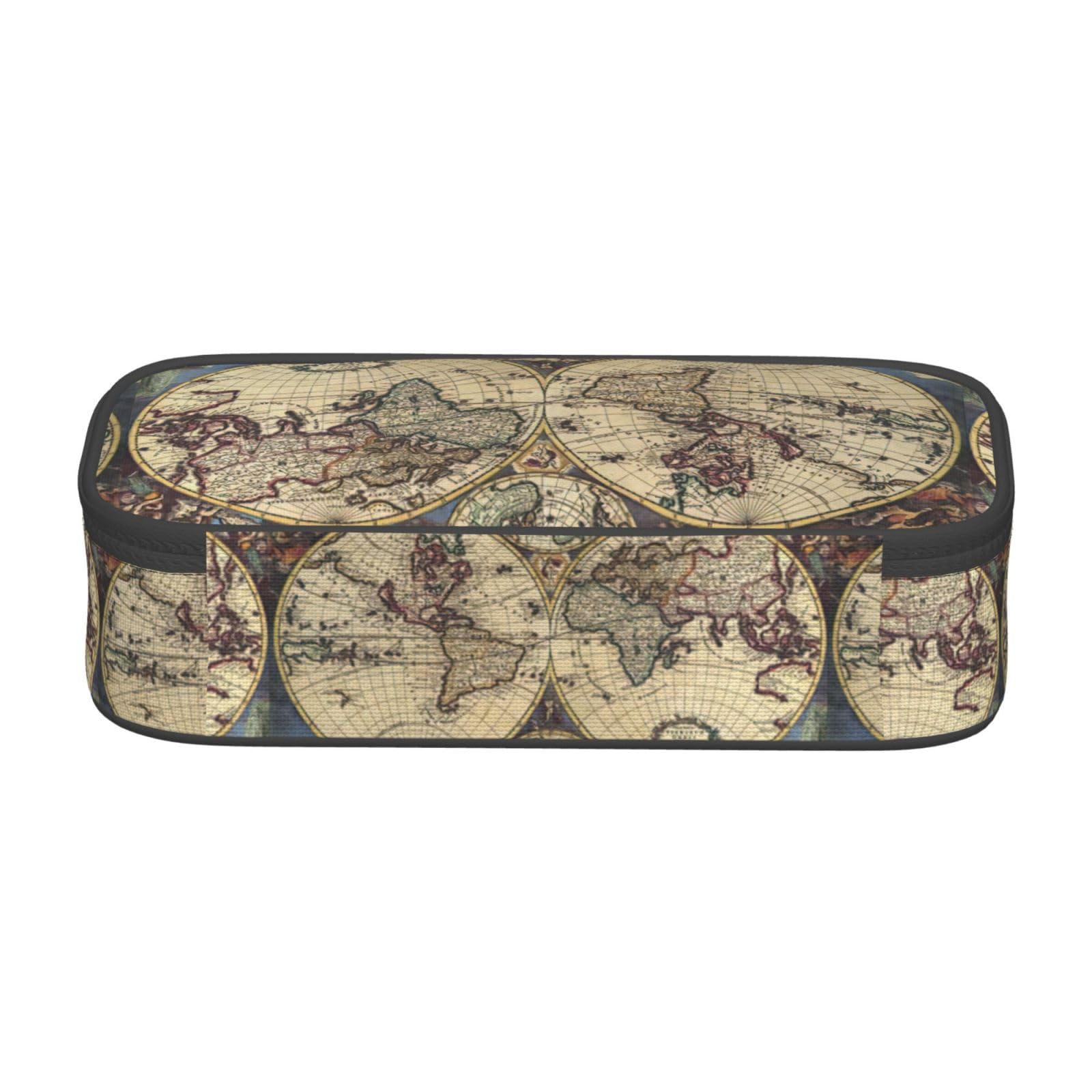 QHWLR Ancient Map World Globe print Pencil Case Large Capacity Pen Pouch for interlayer Adults Cosmetic Bag Supplies ﻿, Black