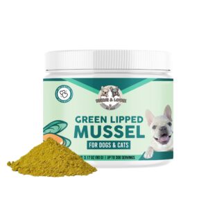 benji & louie green lipped mussels powder for dogs and cats 3.17 oz (90g) - 300 servings - sourced from usa - rich in omega-3 fatty acids for joint, skin & coat health, made in usa