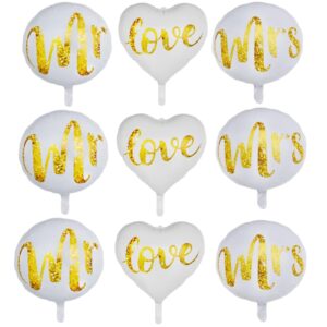 totelux wedding white balloons kit glitter mr mrs love foil balloons round heart aluminum balloons set for birthday engagement bridal shower party decorations supplies (9pcs)