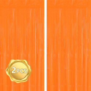 beishida 2pcs orange door streamer fluorescent orange backdrop orange foil fringe curtains tinsel for birthday baby shower halloween backdrop wedding party decoration (3.28 ft x 6.56 ft)