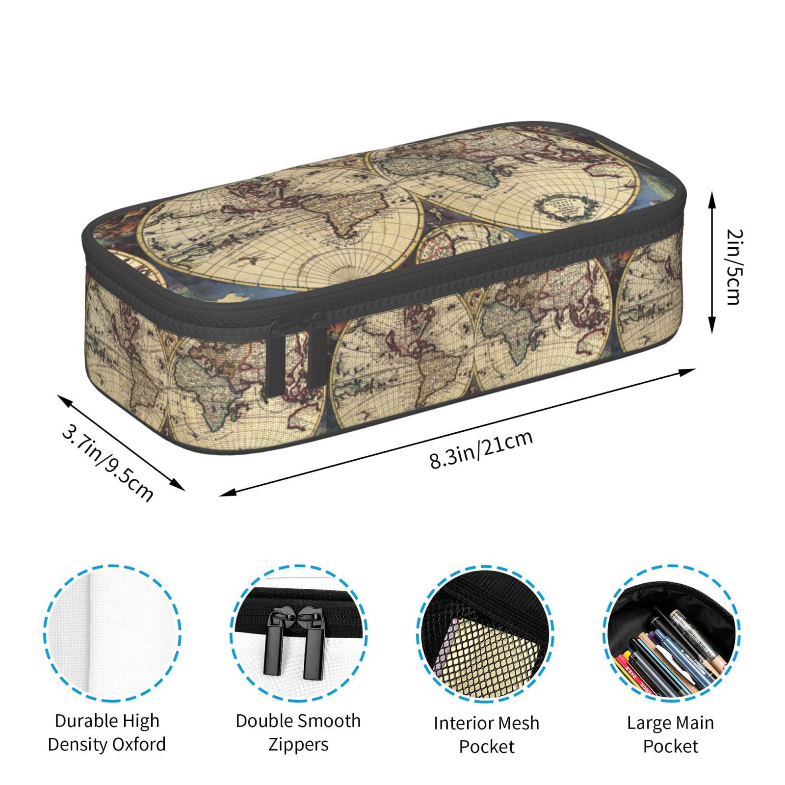 QHWLR Ancient Map World Globe print Pencil Case Large Capacity Pen Pouch for interlayer Adults Cosmetic Bag Supplies ﻿, Black