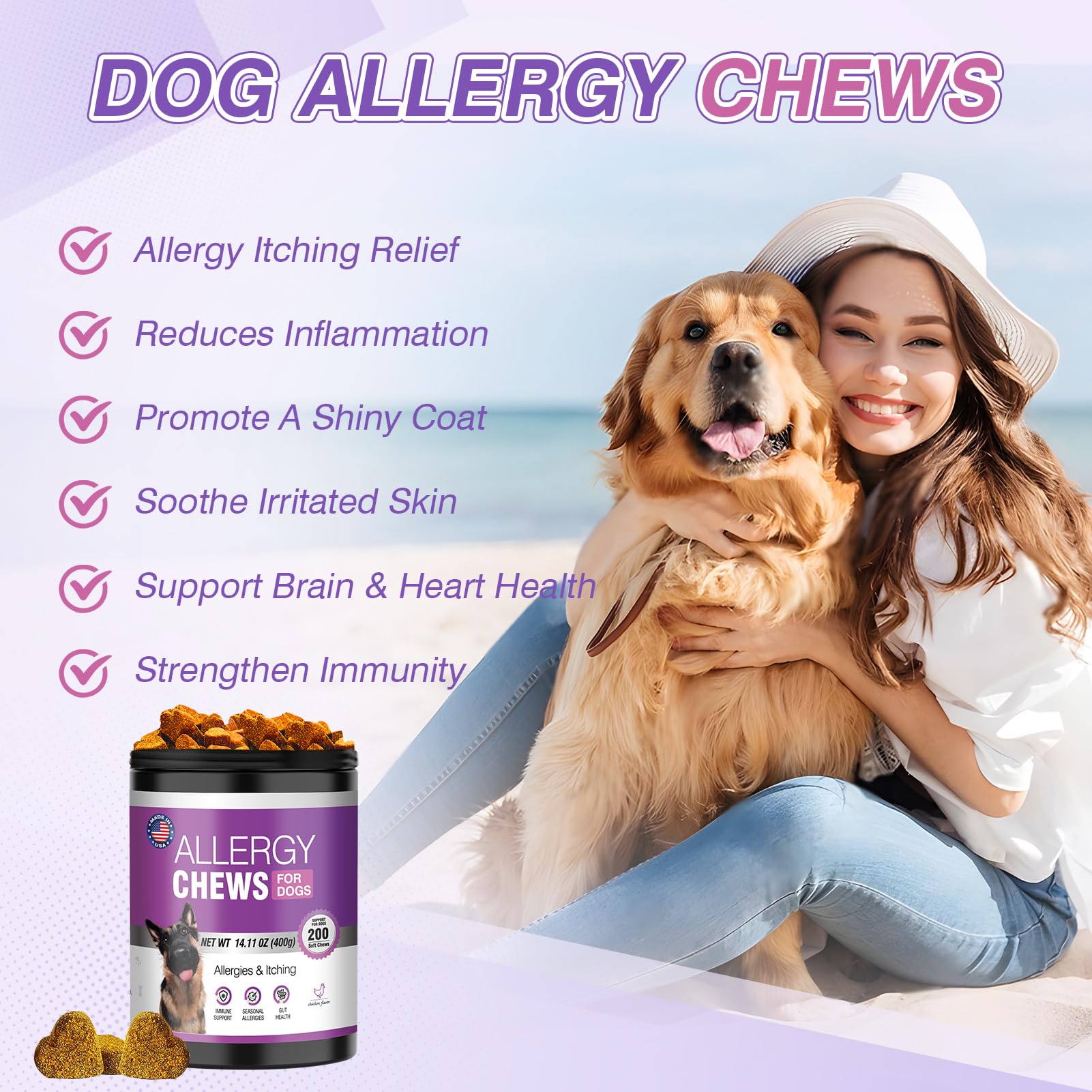 Dog Allergy Chews 200PCs - Dog Allergy and Itching Skin Relief Anti Itch Aller Immune Bites for Dogs Itching Itchy Paw Relief Itch Allergy Probiotics Support Chew Vitamins for Skin and Coat Allergies