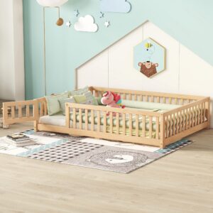 dnyn full size floor bed for kids bedroom,solid wood bedframe w/door/safety guardrails/wood slat support/easy assemble/space saving design/no box spring needed, natural