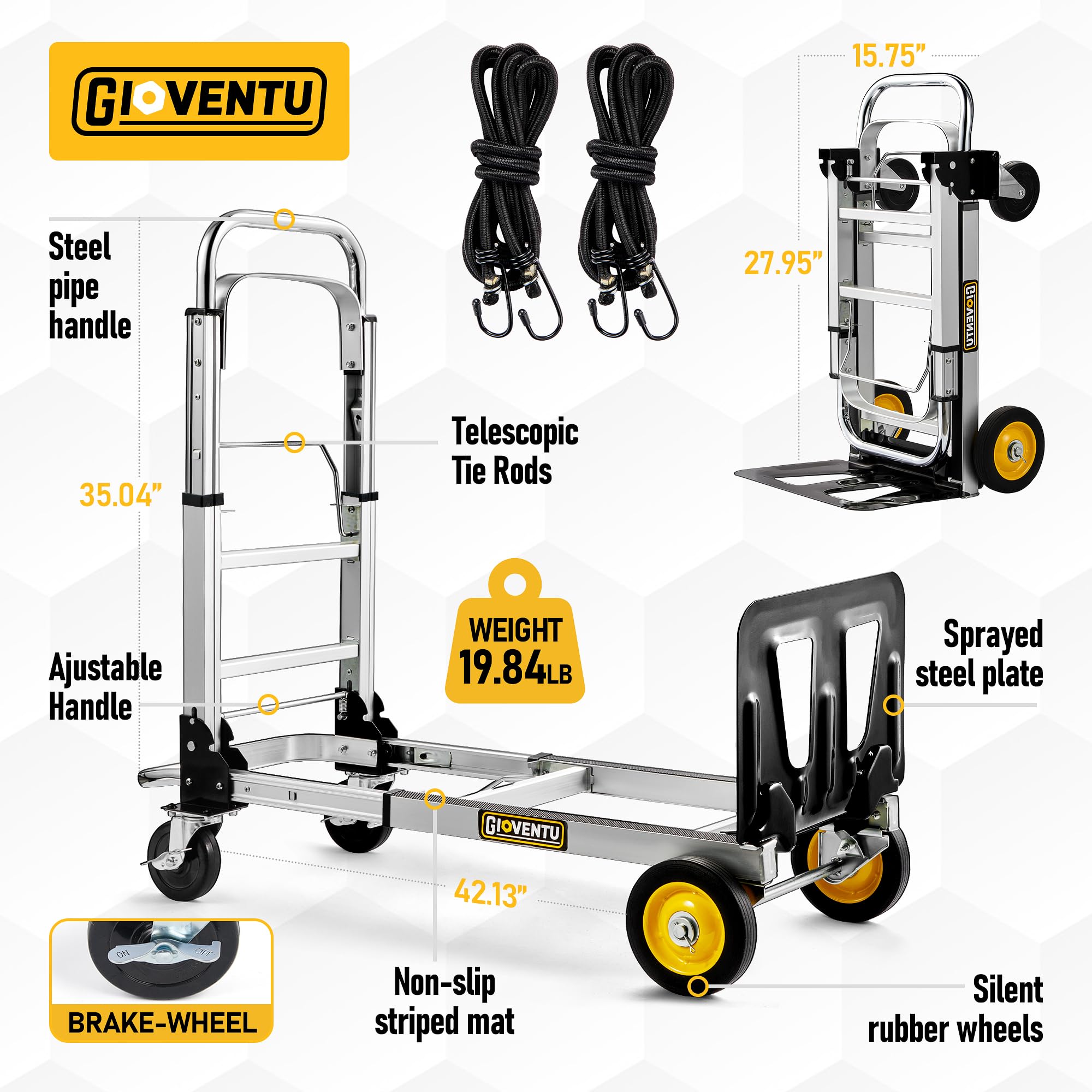 Upgraded 440 lb Capacity Folding Hand Truck Dolly Cart, 3 in 1 Convertible Hand Truck Dolly, Aluminum Dolly Hand Truck with Rubber Brake-Wheels, Anti-Slip Strip & 2 Bungee Ropes for Luggage Office Use