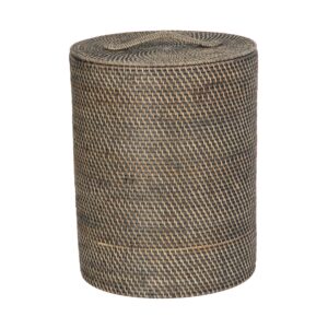 kouboo round rattan laundry hamper with removable liner and lid - coastal, natural decor style - small size for apartment living - stylish addition for your home -18 in. height, black-wash