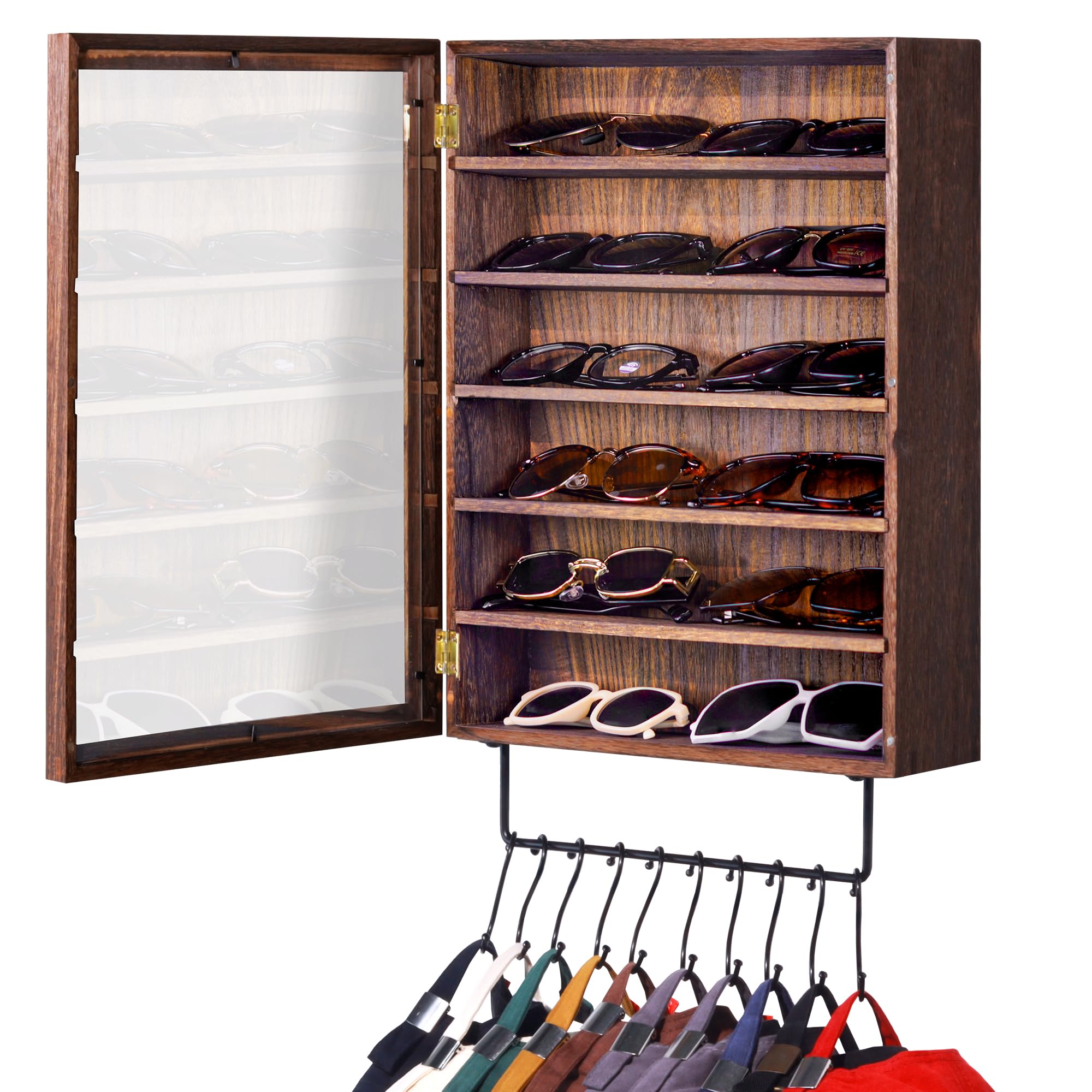 MOCAS Sunglasses Organizer Storage Wall Mounted, Wood Eyeglasses Display Holder with 10 Hooks, Eyeglass Organizer for Multiple Glasses, Dust Proof Sunglasses Storage Case