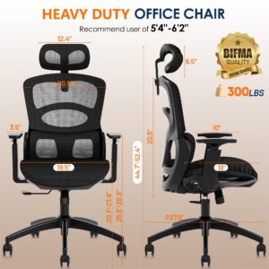 GABRYLLY Ergonomic Office Chair, High-Back Desk Chairs with Adjustable Lumbar Support, Headrest, Tilt Function, Soft Wide Seat and 3D Armrest, 300 LBS Sturdy Home Mesh Chair Task Chairs, GY1070