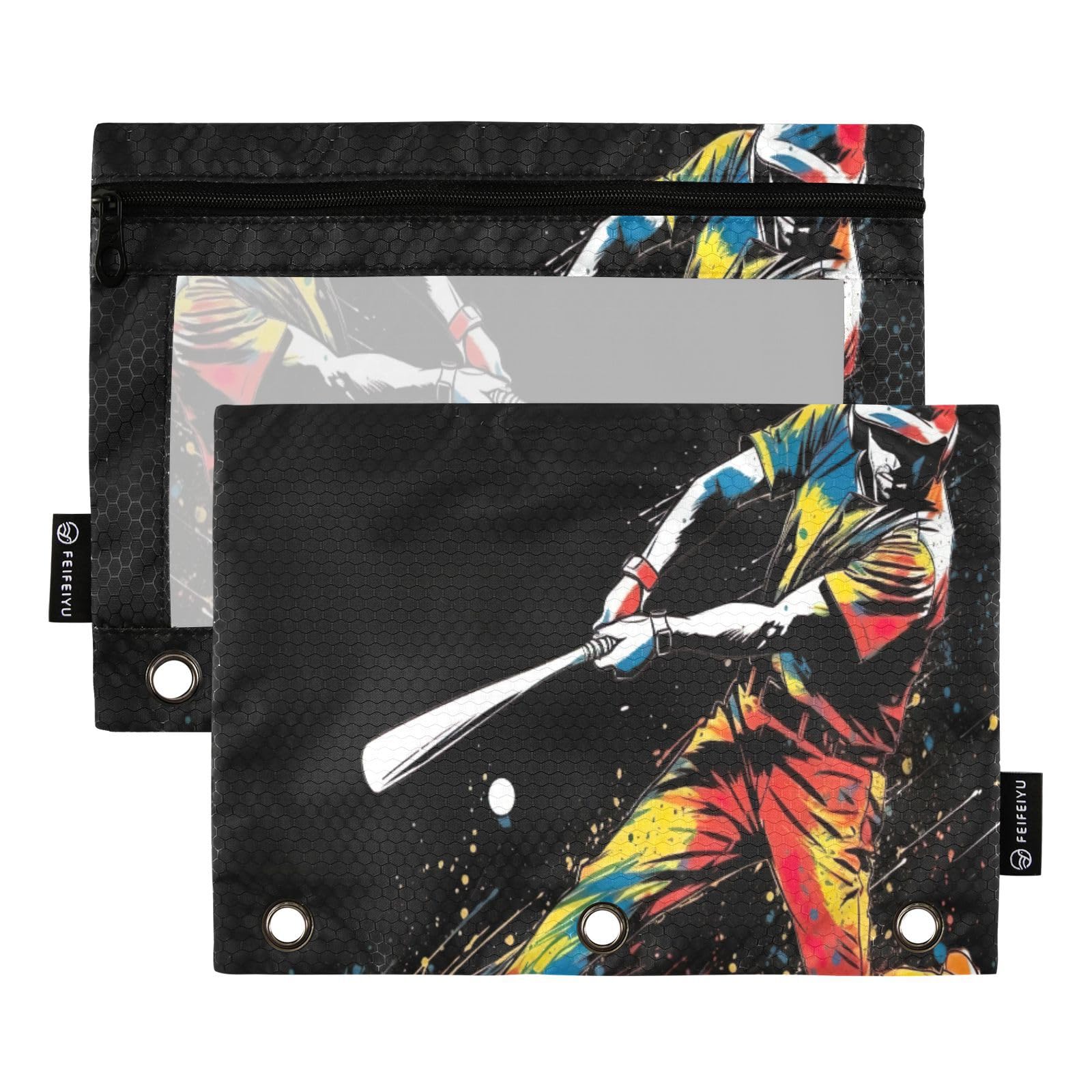 Hrzdove Baseball Players Sports Pencil Case Pouch for 3 Ring Binder 2 Set Small Pencil Bag Cases Zipper Pouch Clear Binder Organizer Pencil Pouches for College Office Storing Supplies Work