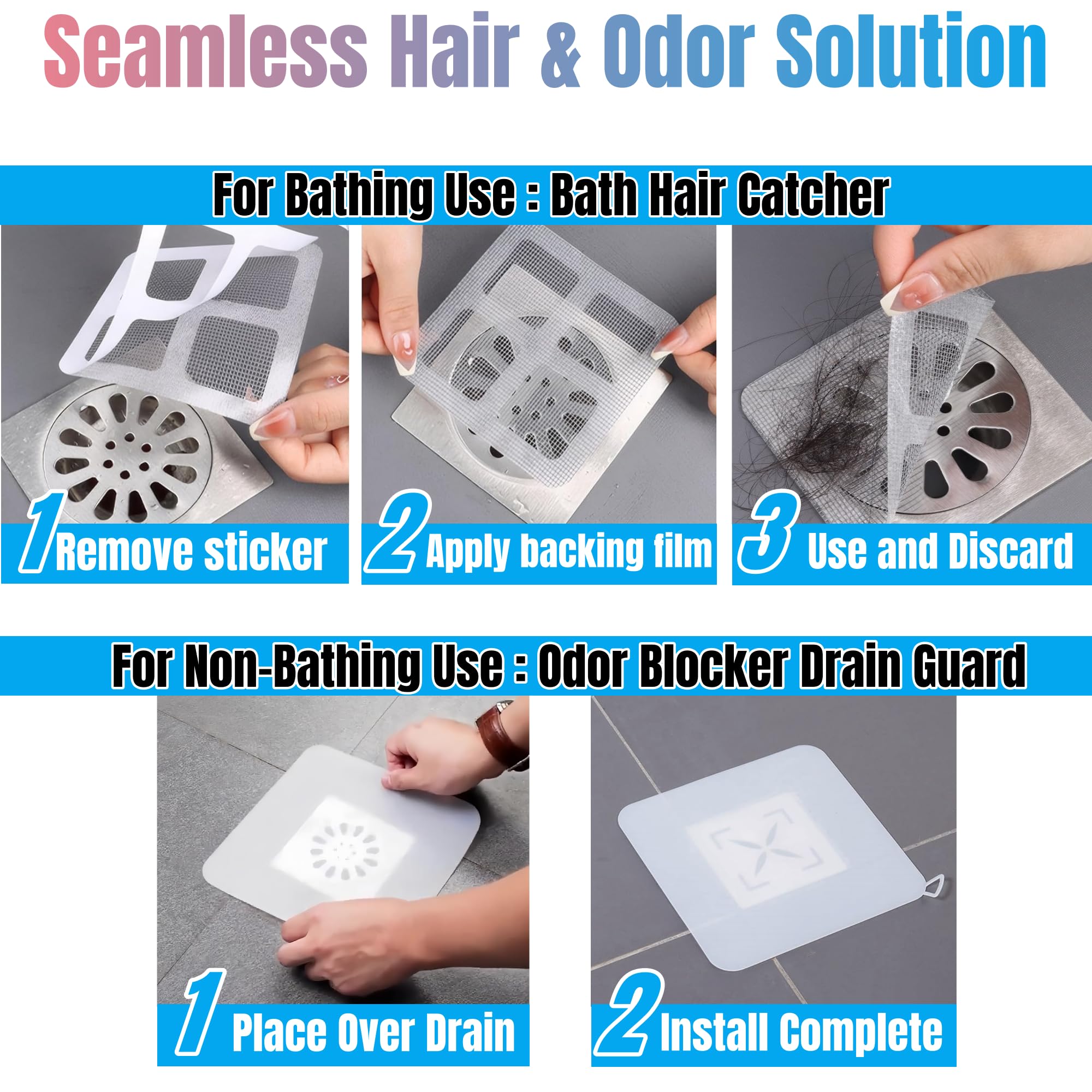 50 Pcs Shower Drain Hair Catcher Disposable, 4" X 4" Shower Drain Cover Mesh Stickers Easy to Install and Clean Suit for Bathtub, Bathroom, Kitchen and Laundry