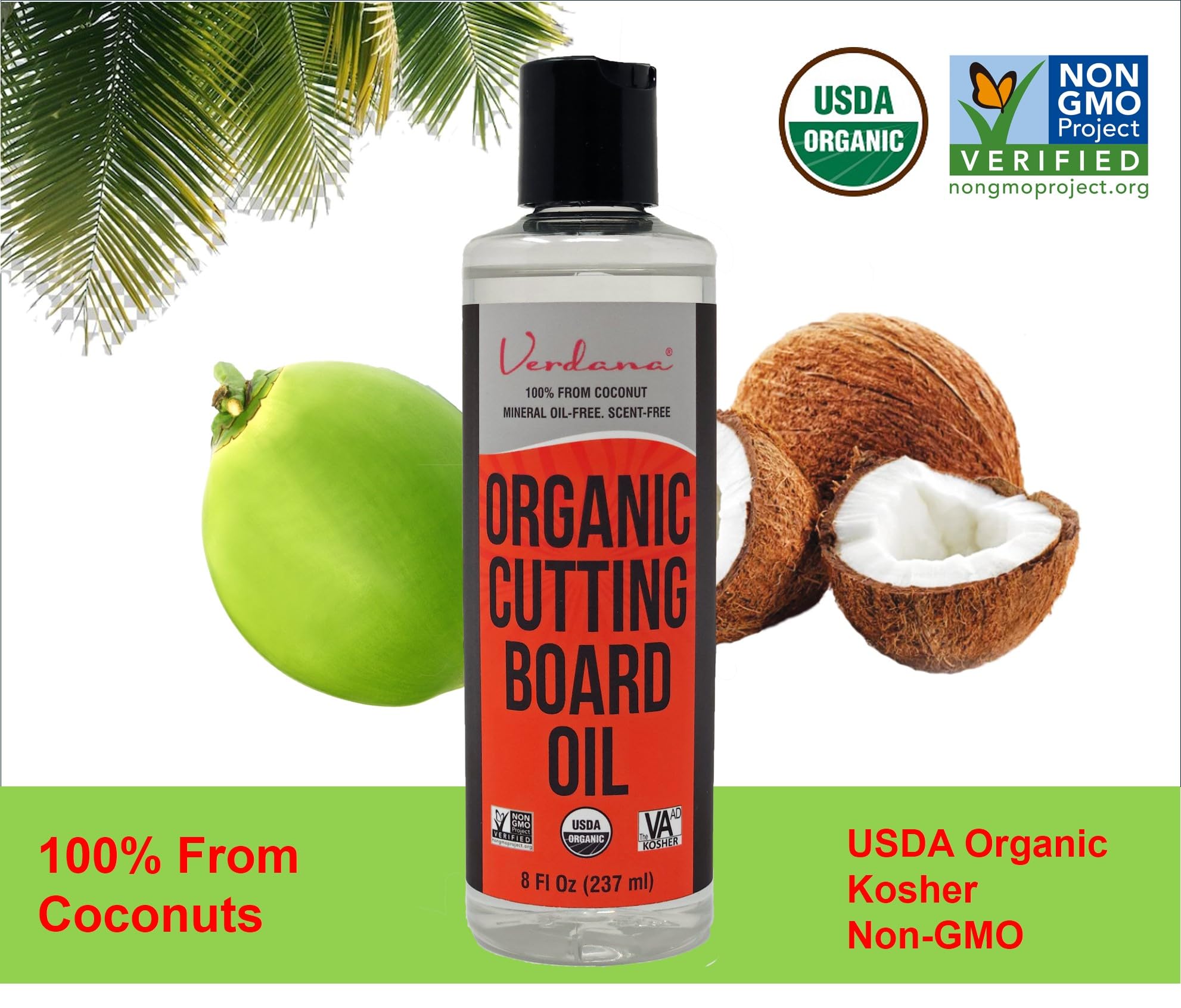 Verdana Organic Cutting Board Oil – Food Grade Kosher Non-GMO – 100% Coconut Derived & Vegan - Butcher Block Oil & Conditioner and Polish for All Wood – NO Mineral Oil Involved – 8 Fl Oz