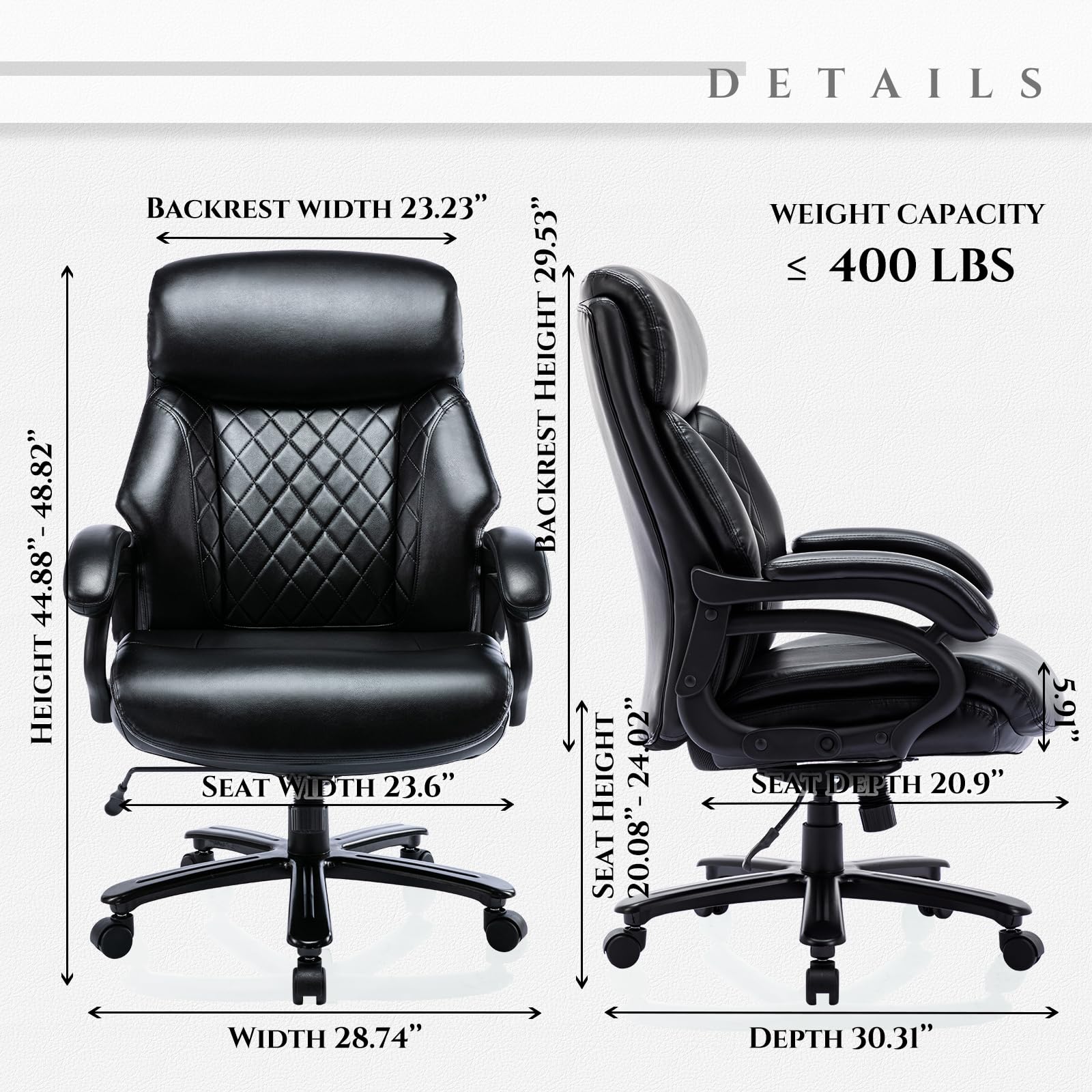 COLAMY Big and Tall Office Chair 400lbs, Heavy Duty Wide Desk Chair with Extra Wide Seat, High Back Leather Computer Executive Chair-Diamond Black