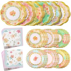 skybooly 144 pcs tea birthday party decorations tableware for 48 guests tea party plates and napkins sets disposable tea party decor dinnerware for tea party bridal baby shower wedding (floral)