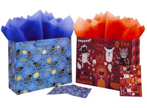 jwscysy 2pack 12.6" large happy halloween bags with card and tissue paper, trick or treat paper gift bags for kids holloween party favor.