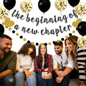 The Beginning of a New Chapter Banner Funny Going Away Party Graduation Happy Retirement Party Decorations Supplies Glitter Black Gold Goodbye Farewell Party Decor for Coworker Friends Graduates