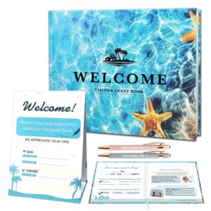 guest book for vacation home, 240 page visitor guest book for airbnb, beach house essentials airbnb essentials for hosts, vacation rental book with color pages, airbnb signs, pens & supplies