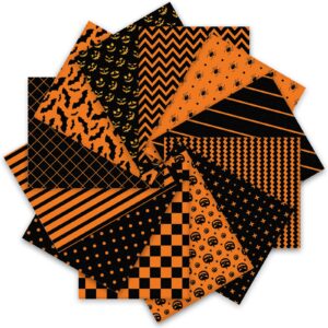 whaline 12pcs halloween cotton fabric bundles 10 x 10 inch spider pumpkin bat plaid stripe dot fat quarters orange black squares sewing fabrics for diy craft party decor