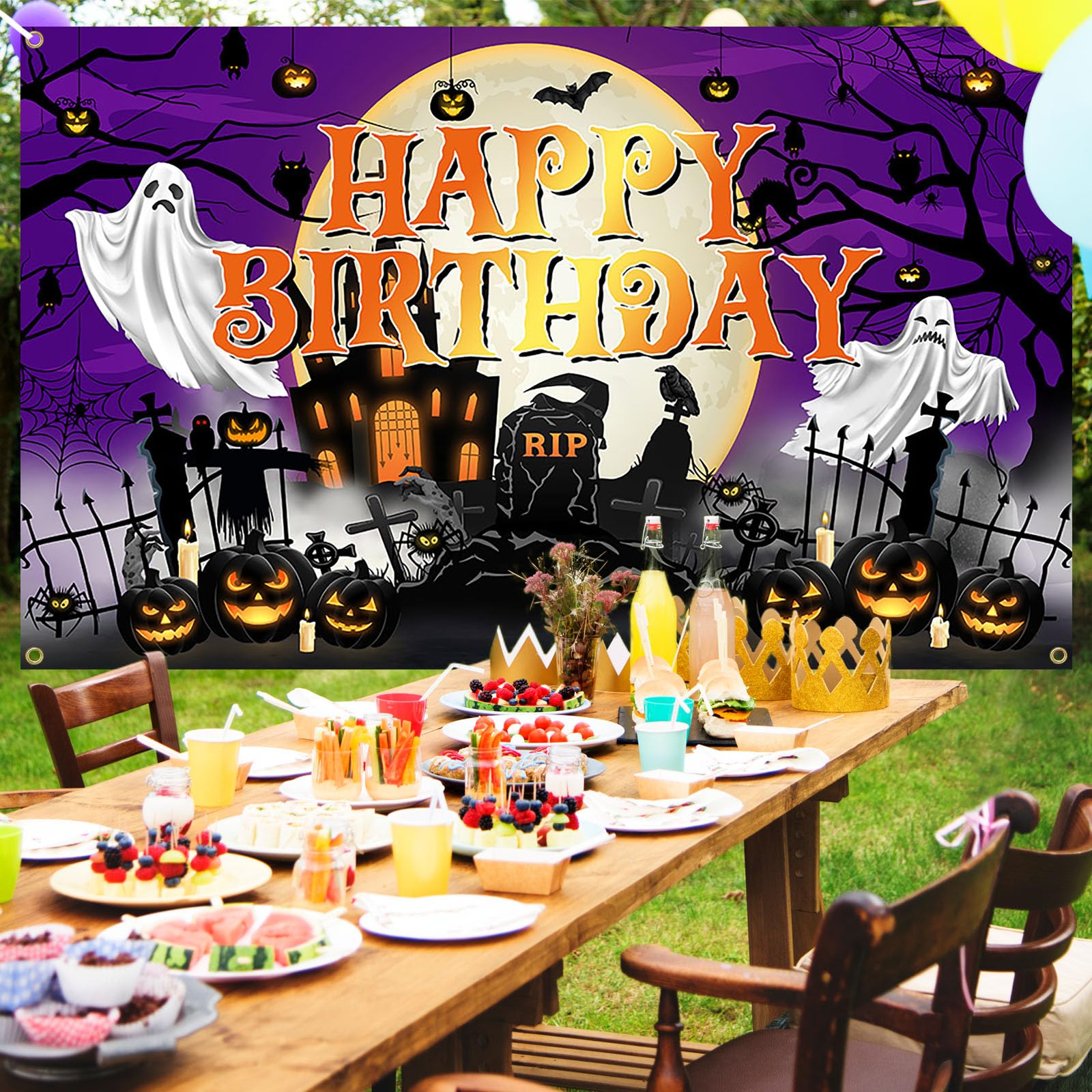 Avezano Halloween Birthday Banner Halloween Birthday Backdrop Kid Halloween Birthday Decorations Horror Moon Night Halloween Booday Backdrop 70.8x43.3 inch, Purple