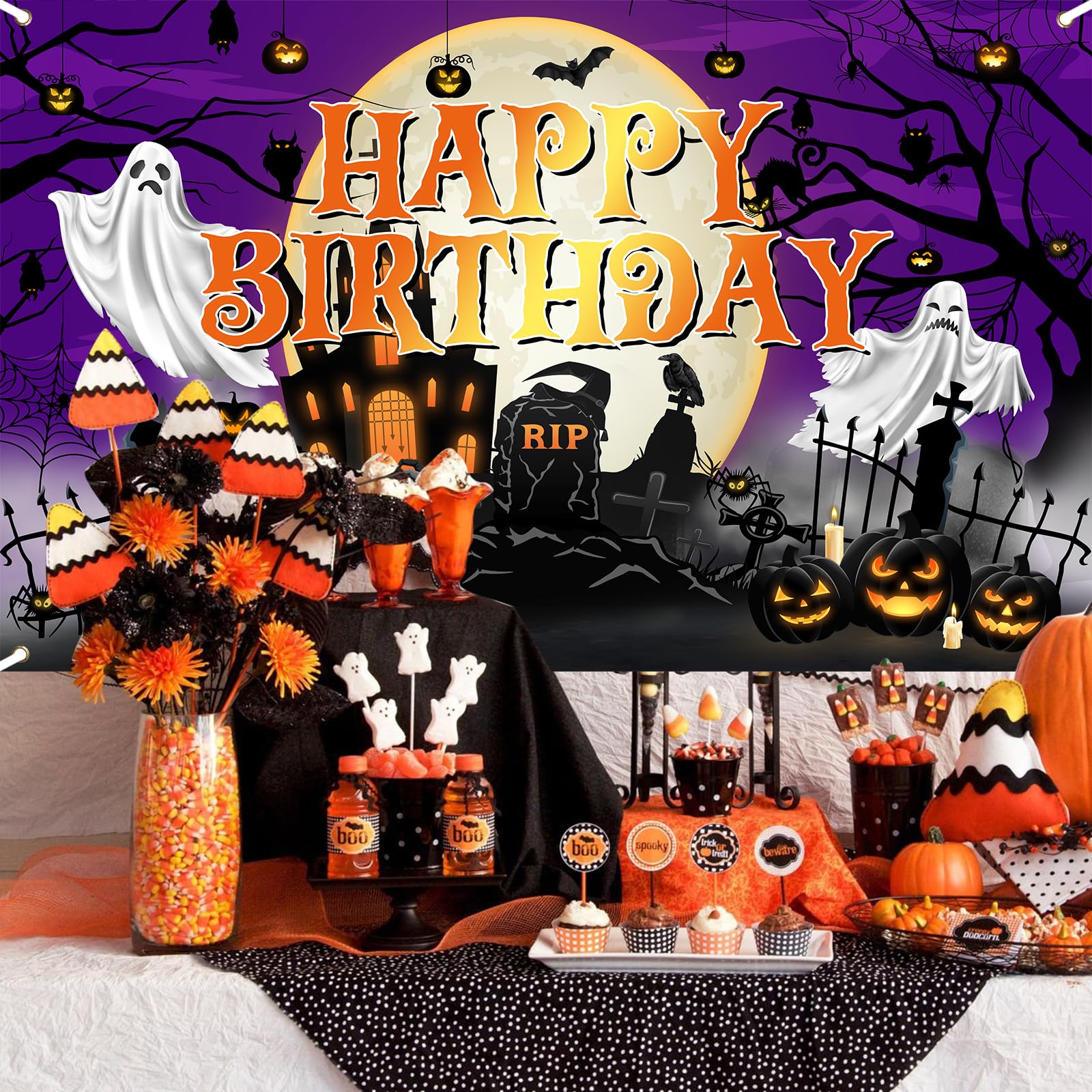 Avezano Halloween Birthday Banner Halloween Birthday Backdrop Kid Halloween Birthday Decorations Horror Moon Night Halloween Booday Backdrop 70.8x43.3 inch, Purple