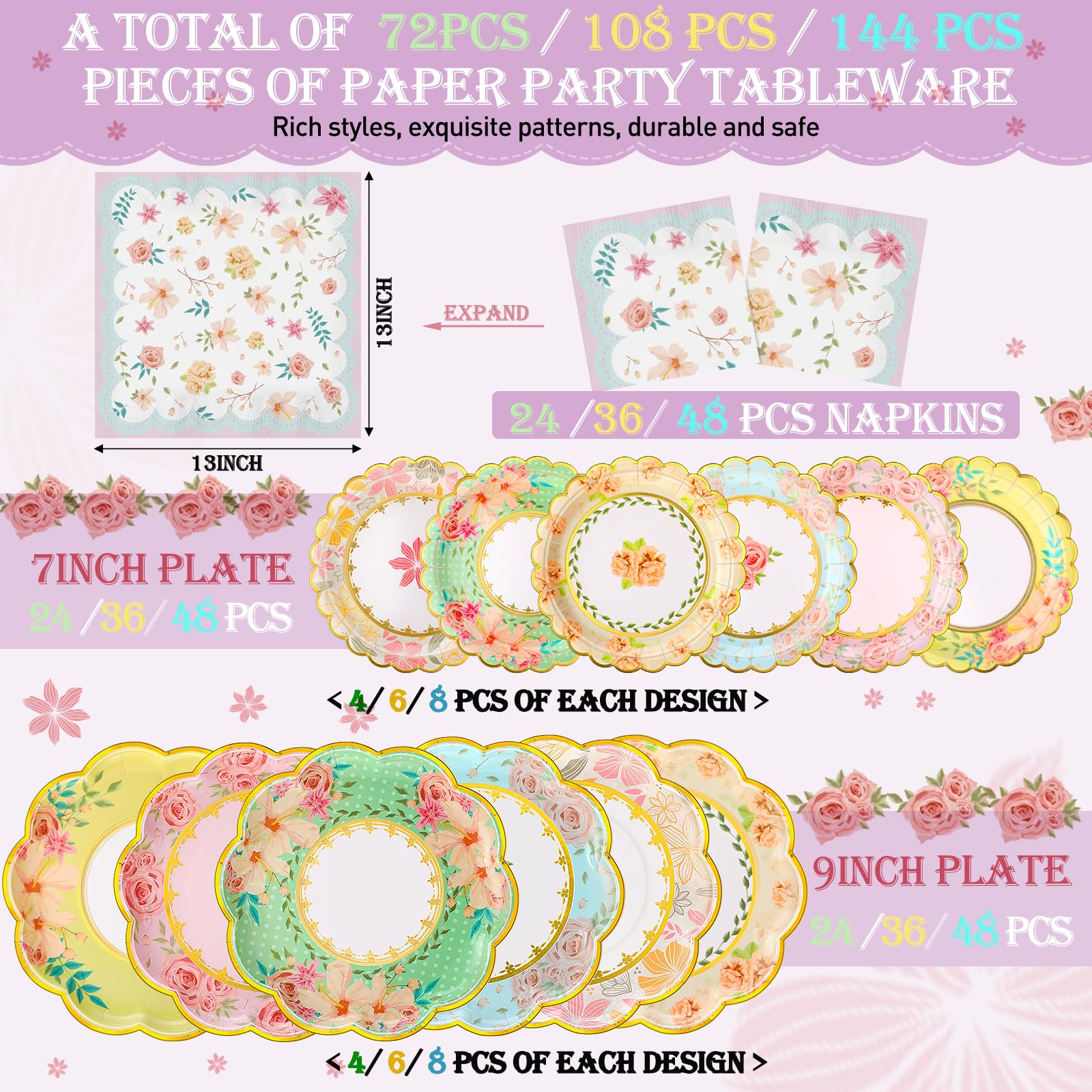 Skybooly 144 Pcs Tea Birthday Party Decorations Tableware for 48 Guests Tea Party Plates and Napkins Sets Disposable Tea Party Decor Dinnerware for Tea Party Bridal Baby Shower Wedding (Floral)