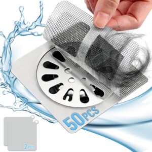 50 pcs shower drain hair catcher disposable, 4" x 4" shower drain cover mesh stickers easy to install and clean suit for bathtub, bathroom, kitchen and laundry