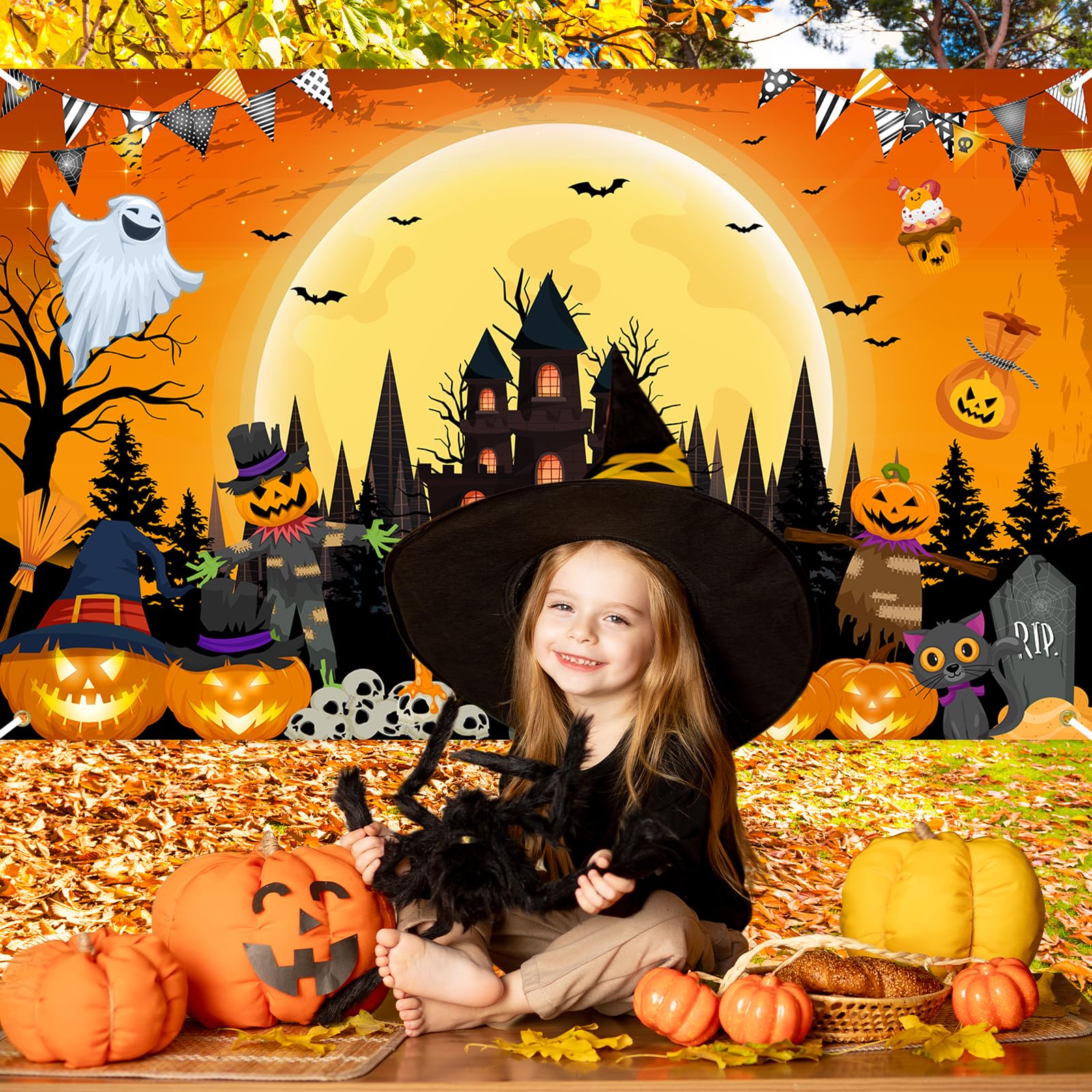 Avezano Happy Halloween Banner Spooky Halloween Backdrop Trick or Treat Halloween Banner Halloween Party Decorations Kids Outdoor 70.8x43.3 inch, Orange