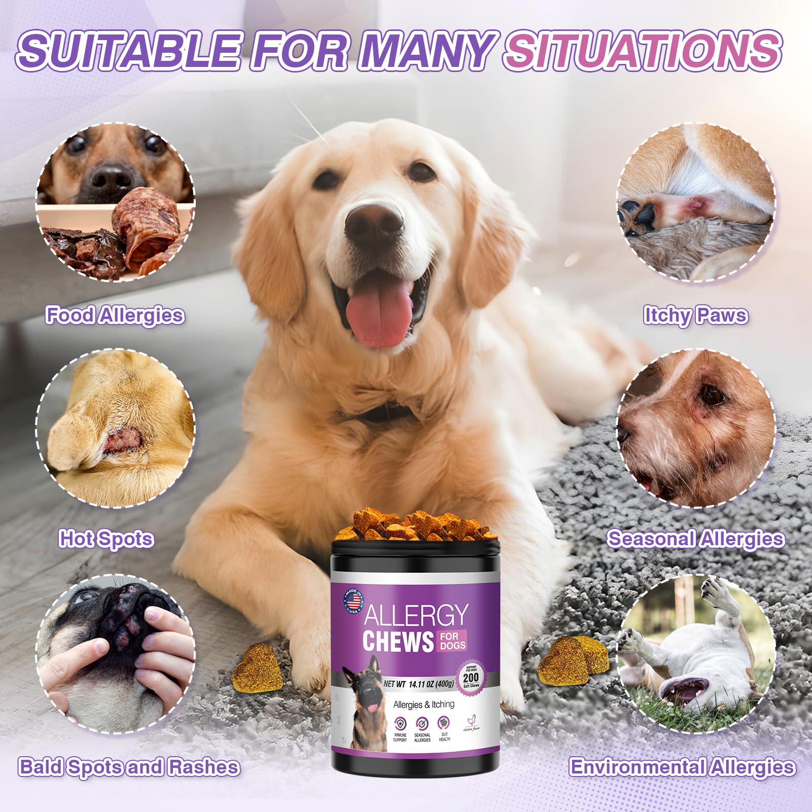 Dog Allergy Chews 200PCs - Dog Allergy and Itching Skin Relief Anti Itch Aller Immune Bites for Dogs Itching Itchy Paw Relief Itch Allergy Probiotics Support Chew Vitamins for Skin and Coat Allergies