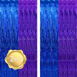 beishida 2pcs blue purple door streamer light blue purple backdrop foil fringe tinsel boy curtains backdrops for birthday baby shower gender reveal party decoration (3.28 ft x 6.56 ft)