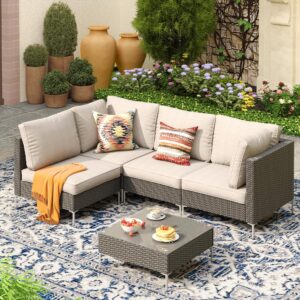 vicllax 5 pieces wicker patio furniture set, outdoor conversation set sectional sofa with cushion & glass-top coffee table for garden, poolside, backyard, grey pe rattan