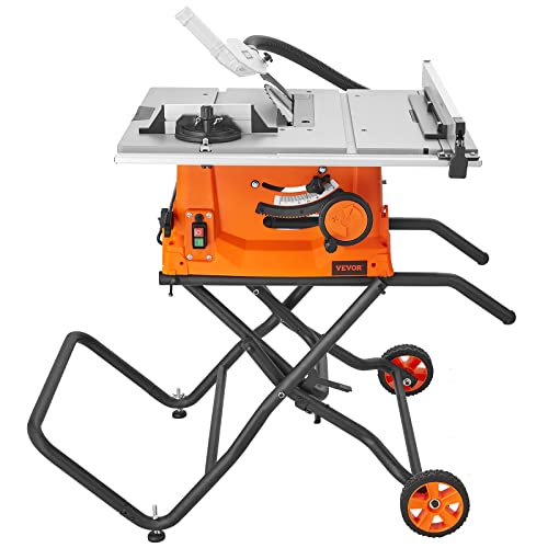 VEVOR Table Saw with Stand, 10-inch 15-Amp, 25-in Max Rip Capacity, Cutting Speed up to 5000RPM, 40T Blade, Portable Compact Jobsite Tablesaw w/Sliding Miter Gauge for Woodworking & Furniture Making