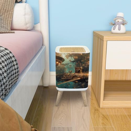 PHAIBHKERP Trash Can with Lid Fish Brass Subs A Undersea Poster Garbage Can Rectangular Waste Bin Press Cover Dog Proof Wastebasket for Kitchen Bathroom Living Room Nursery