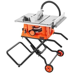 VEVOR Table Saw with Stand, 10-inch 15-Amp, 25-in Max Rip Capacity, Cutting Speed up to 5000RPM, 40T Blade, Portable Compact Jobsite Tablesaw w/Sliding Miter Gauge for Woodworking & Furniture Making