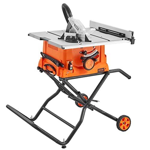 VEVOR Table Saw with Stand, 10-inch 15-Amp, 25-in Max Rip Capacity, Cutting Speed up to 5000RPM, 40T Blade, Portable Compact Jobsite Tablesaw w/Sliding Miter Gauge for Woodworking & Furniture Making