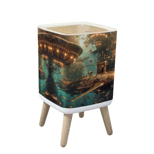 PHAIBHKERP Trash Can with Lid Fish Brass Subs A Undersea Poster Garbage Can Rectangular Waste Bin Press Cover Dog Proof Wastebasket for Kitchen Bathroom Living Room Nursery