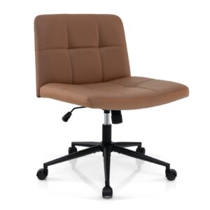 giantex criss cross chair with wheels, pu leather cross legged office chair, height-adjustable swivel vanity chair with u-shaped seat, armless wide desk chair for home, office, make up, brown