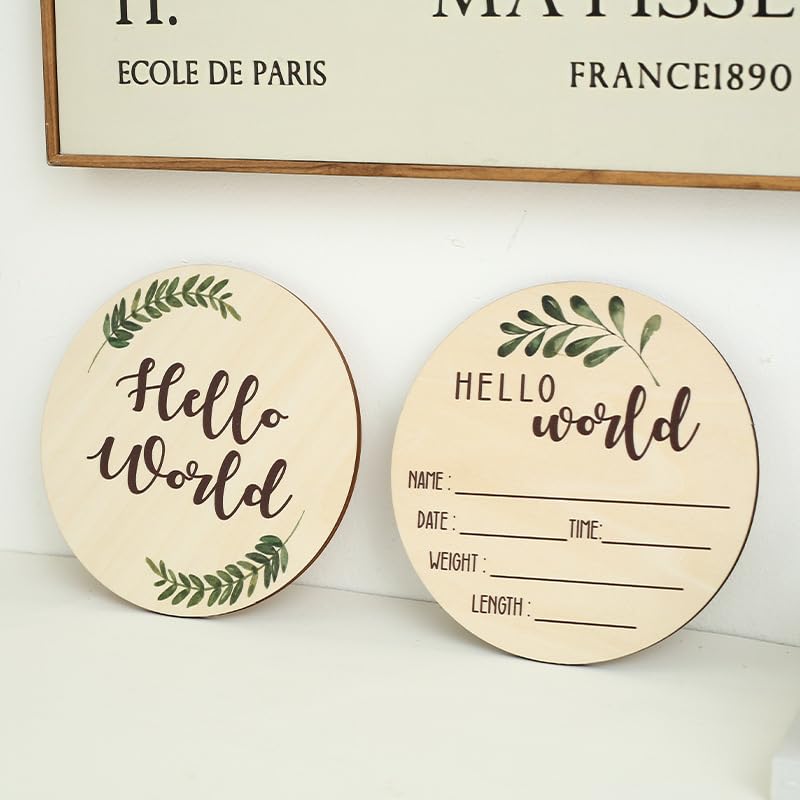 2 Pack Baby Announcement Sign, 5.9 Inch Wooden Hello World Newborn Sign, Double-Sided Pattern Birth Announcement Signs for Photo Props Baby Shower Hospital Nursery