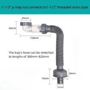 Bathtub Shower Drain Pipe,Low Profile Design 1-1/2" P Trap Kit,Flexible Tub Drain, for Freestanding Tub Drain Kit for Bath,Gray